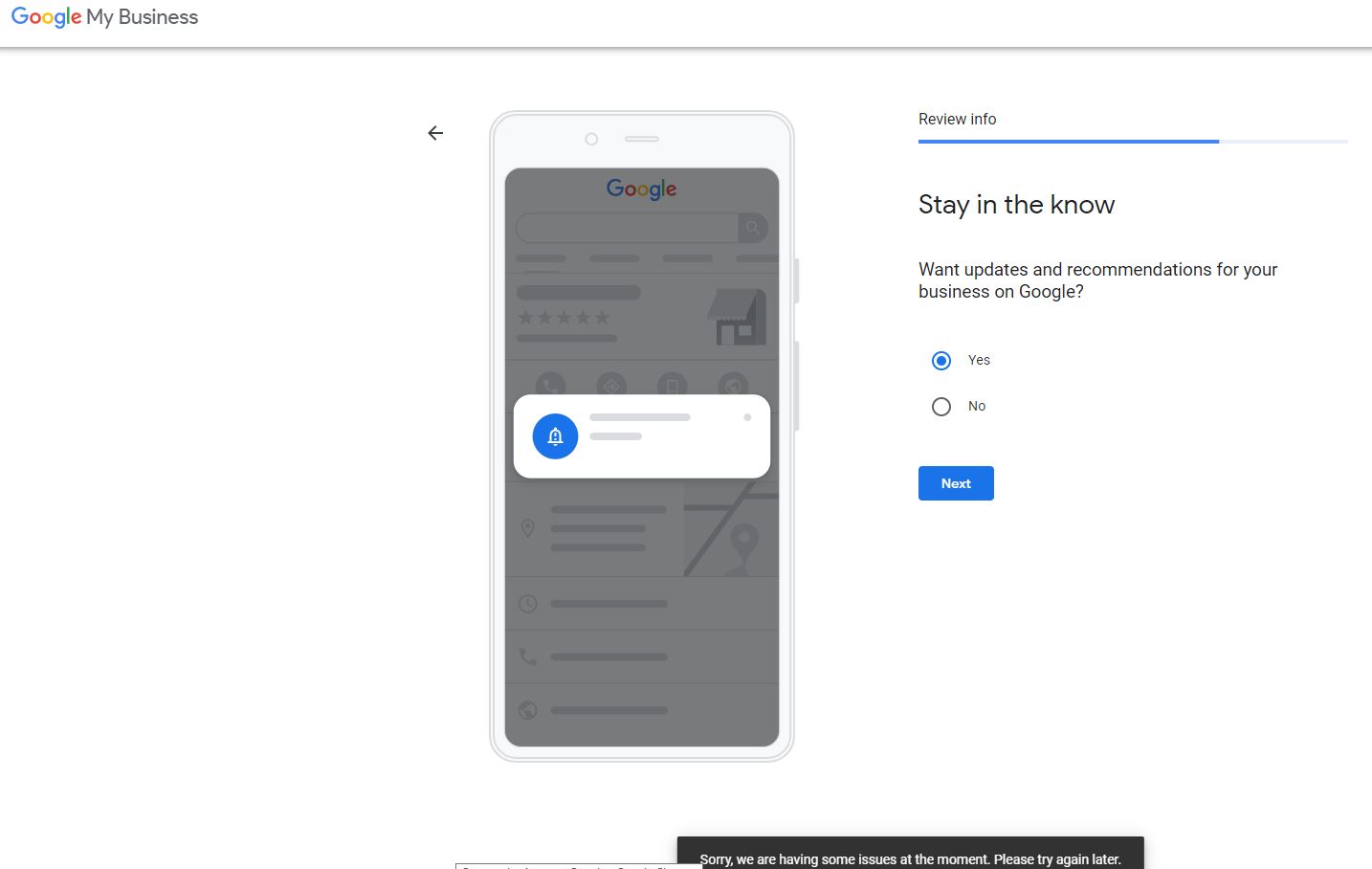 Cannot register business. error msg " Sorry we are having issues ...