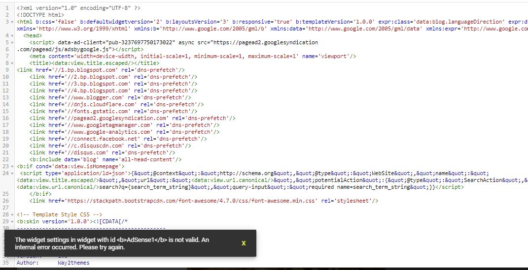 The Widget Settings In Widget With Id Adsense1 Is Not Valid An