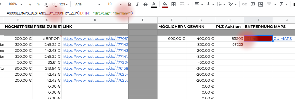 Google Maps distance calculation in Google Sheet - Google Docs Editors ...