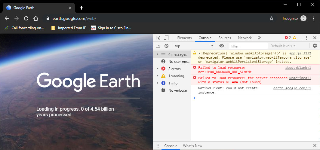 Google Earth not loading in Chrome 76.0.3809.100 64-bit on Win10 1903 ...