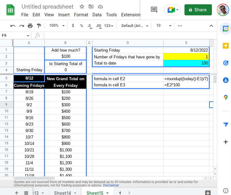 Create Google Sheets Calculator that adds 100 every Friday - Google ...