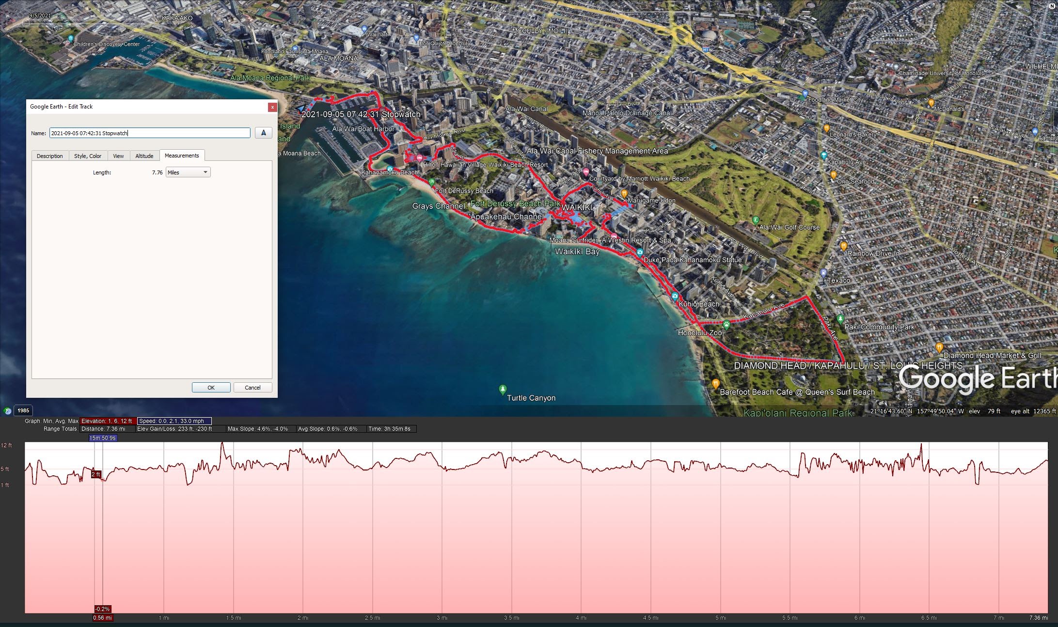 Elevation profile distance and path "measurement"/distance value is different. - Google Earth ...