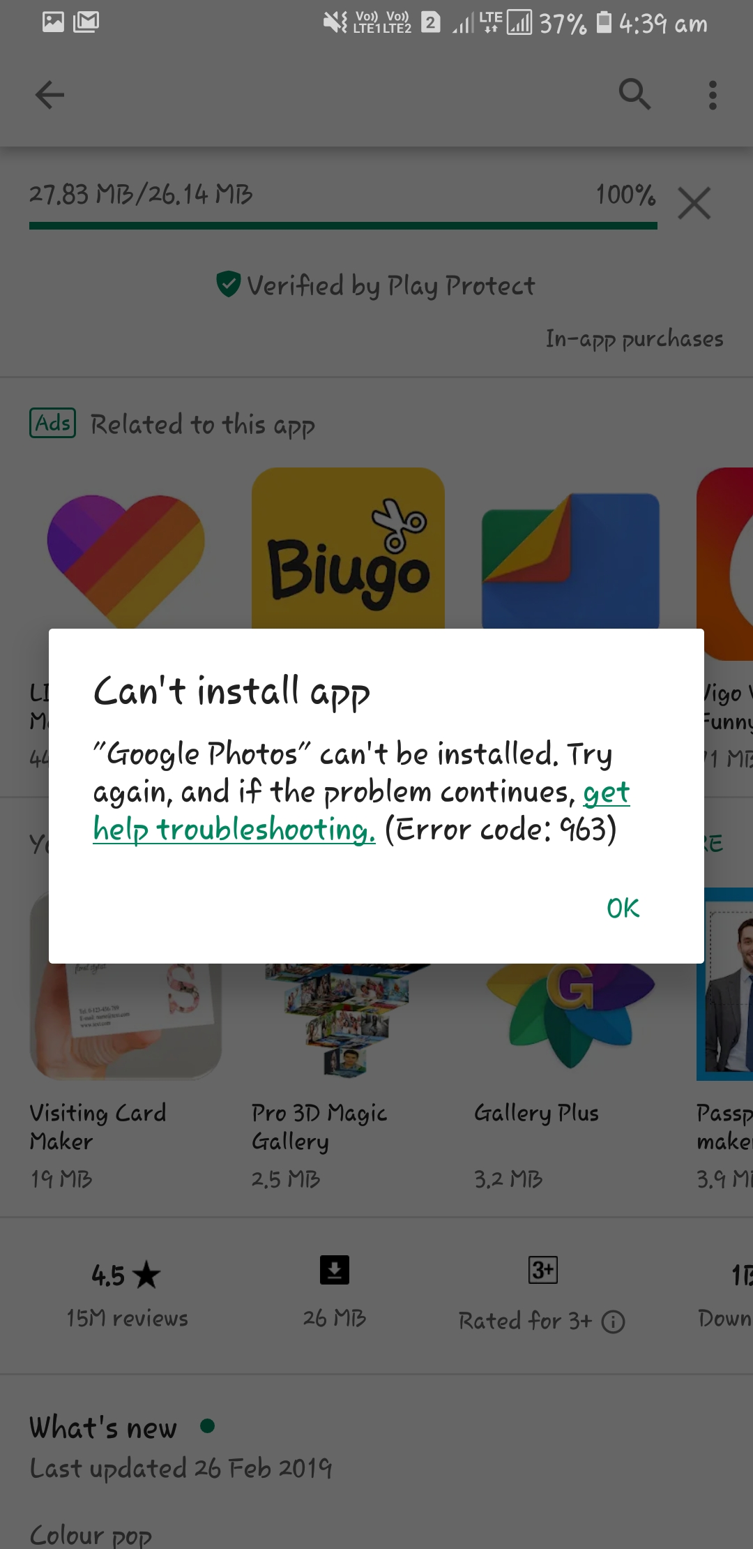 Im not able to install Google photos it showing me the Cant install ...