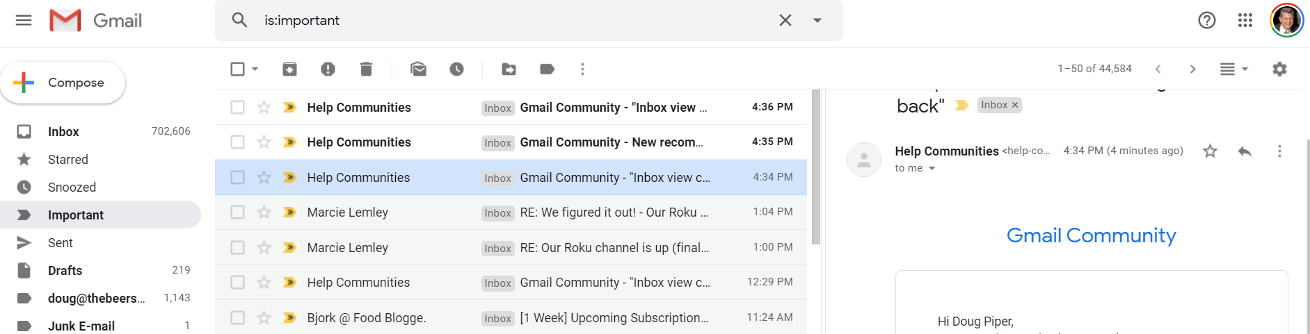 Inbox view changed from subject line followed by text preview below and ...