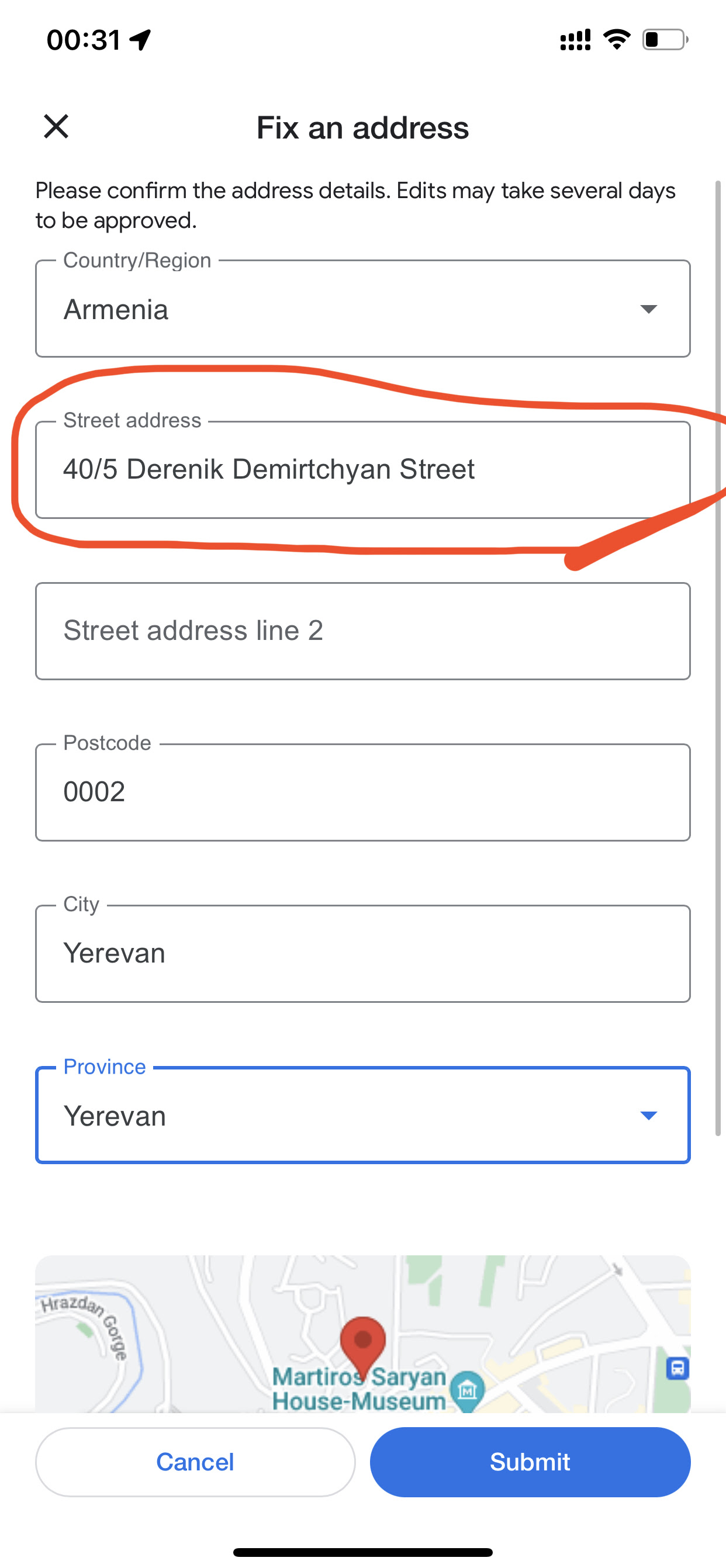 Problem adding a missing address with a slash '/' symbol in Yerevan ...