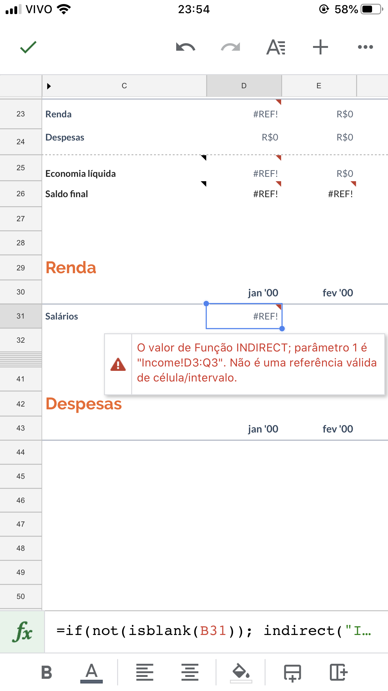 erro na planilha orçamento anual: O valor de Função INDIRECT parâmetro ...