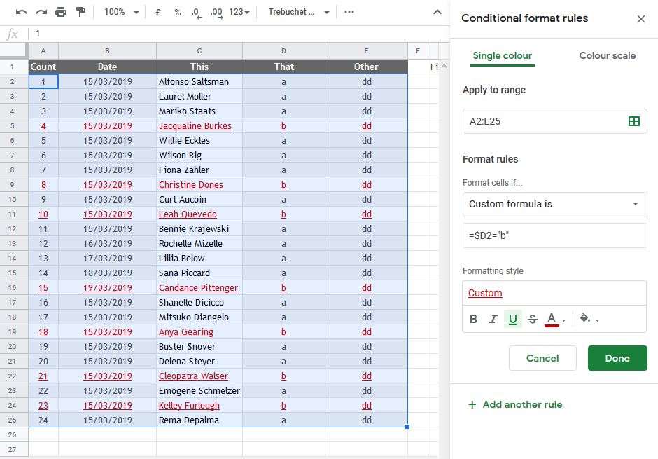 Conditional Formatting to put a red line between each different date - Google Docs Editors Community