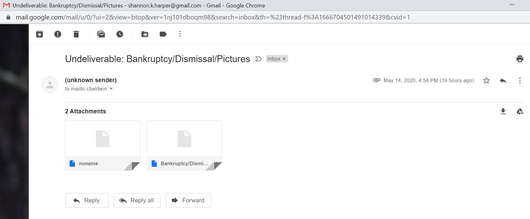 Drafted and sent email, received "undeliverable" email and the original ...