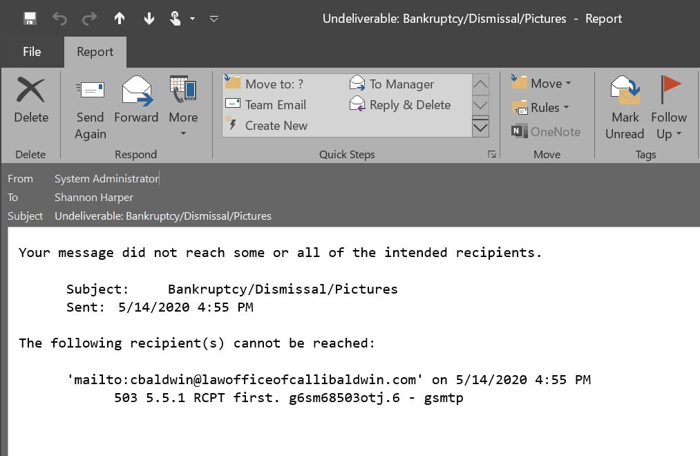 Drafted and sent email, received "undeliverable" email and the original ...