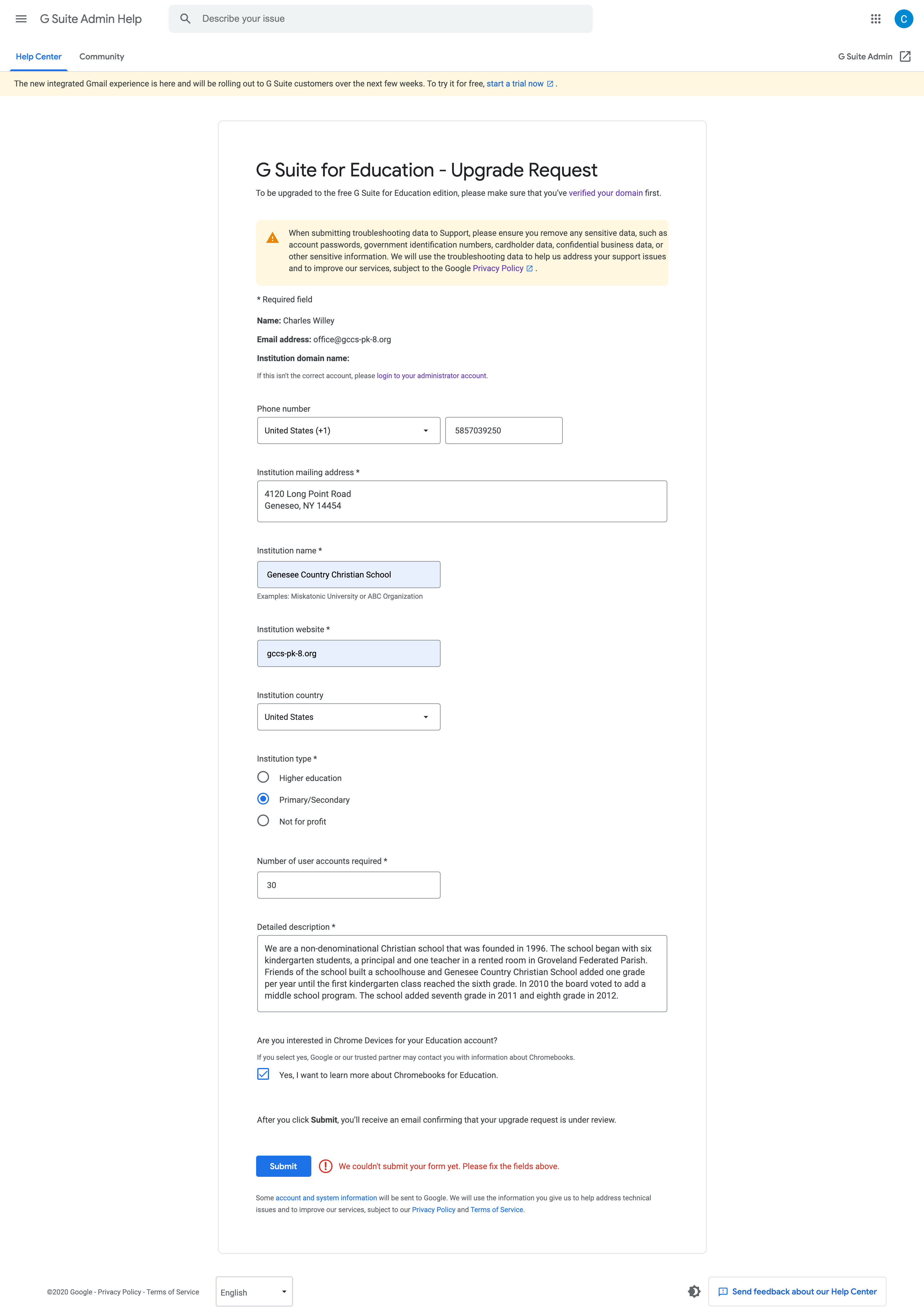 I am getting error while submitting "We couldn't submit your form yet ...