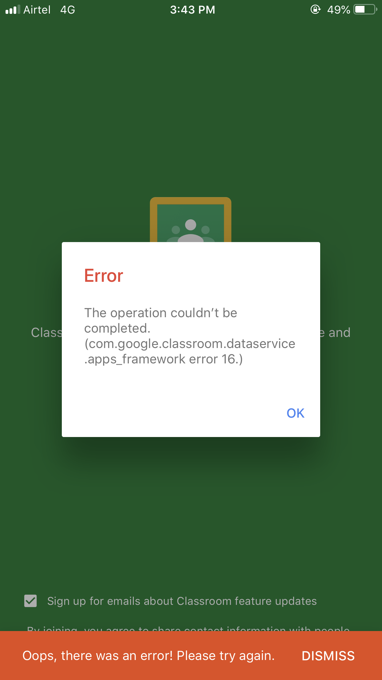 Error 16 (The operation couldn’t be completed) (“Com.google.classroom ...