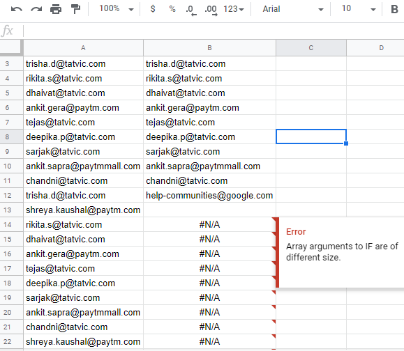 What does the error: "Array arguments to IF are of different size." mean? - Google Docs Editors ...