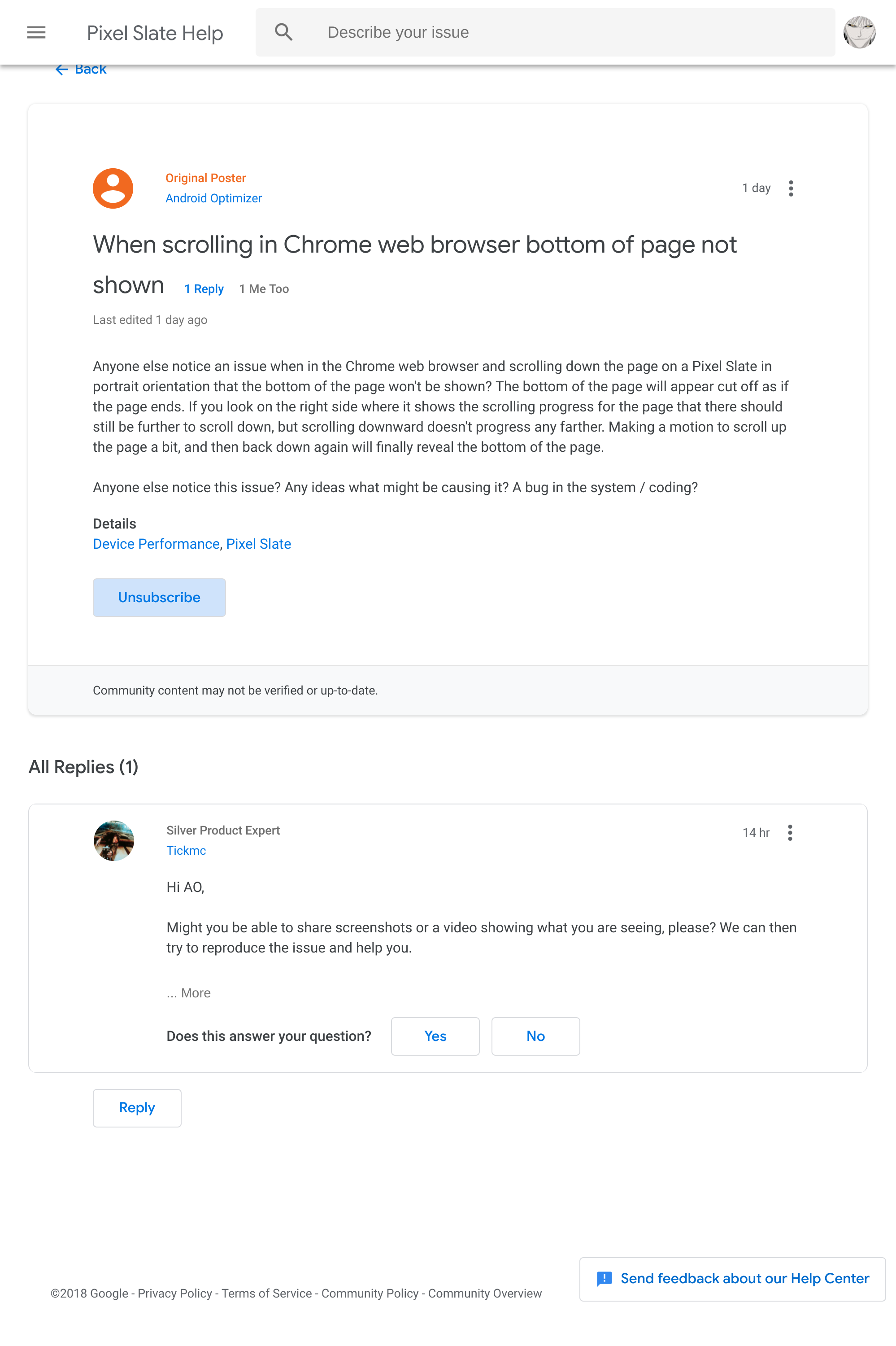 When scrolling in Chrome web browser bottom of page not shown - Google ...