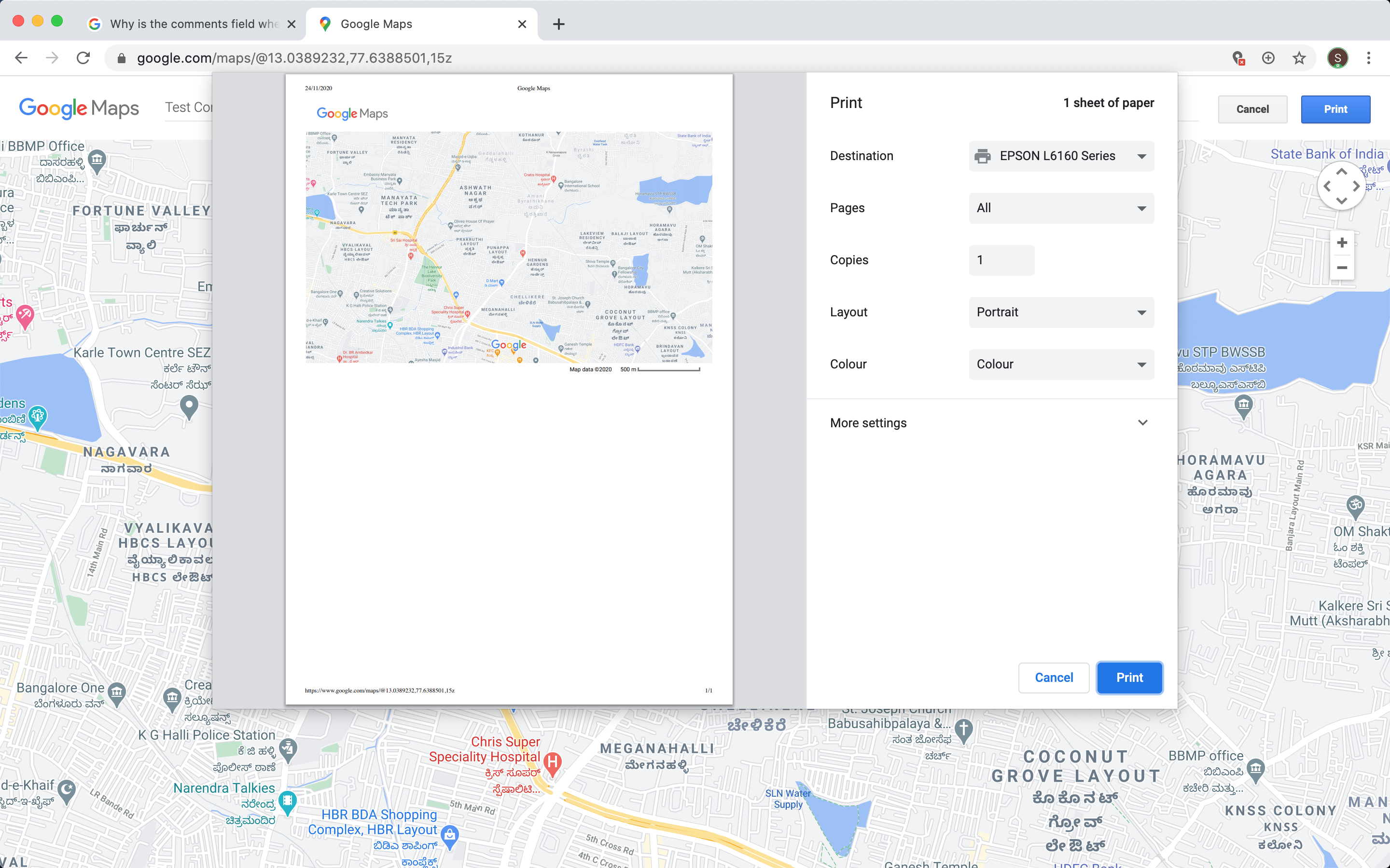 Why is the comments field when printing Google maps no longer printing ...