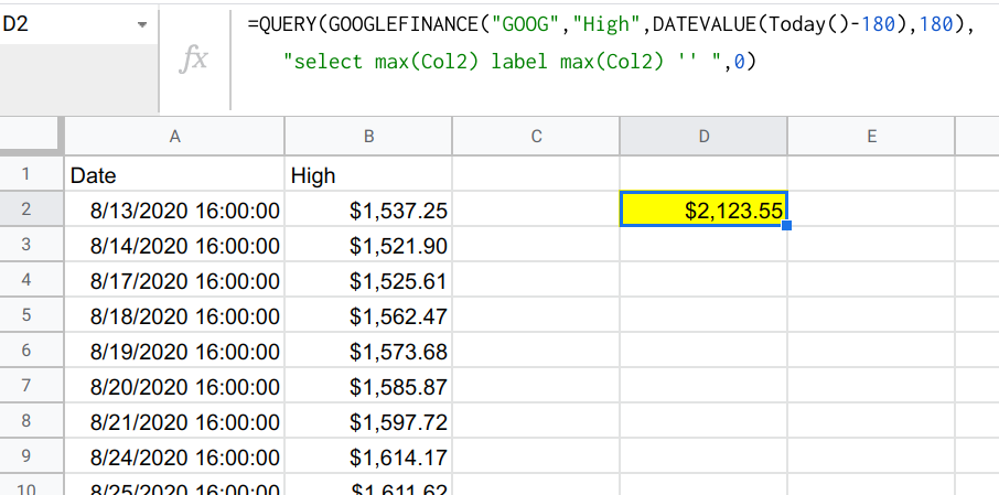 In google finance can I find the six month high for a stock ticker, and ...