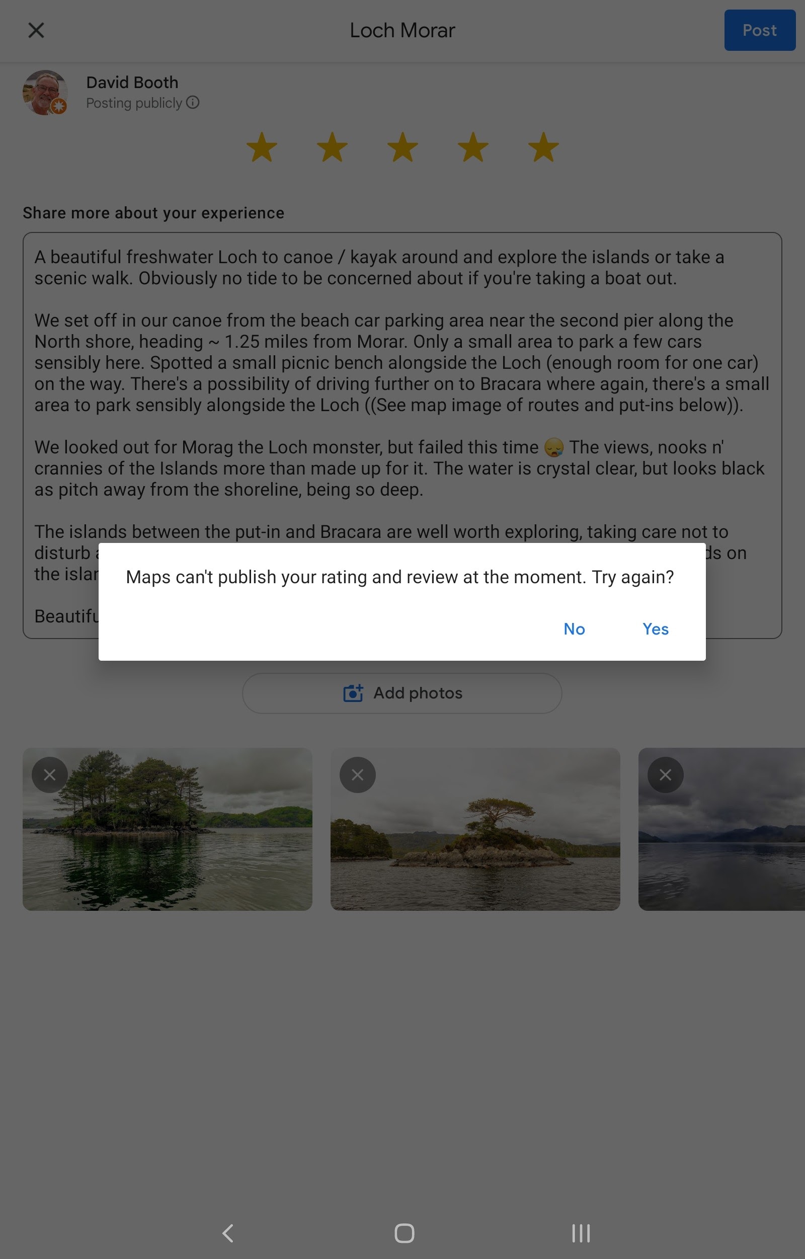 Editing Reviews results in "Maps can't publish your rating and review ...