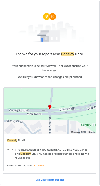 Please add roundabout to map for i Viola Road and Cassidy Drive ...
