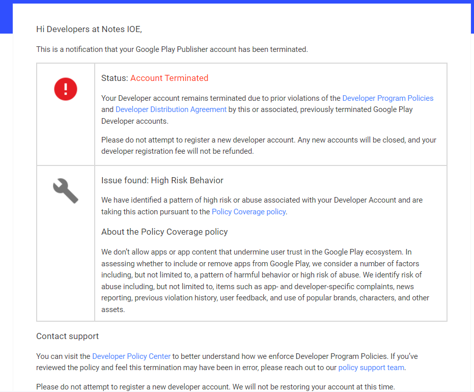 Account Terminated - Google Play Community