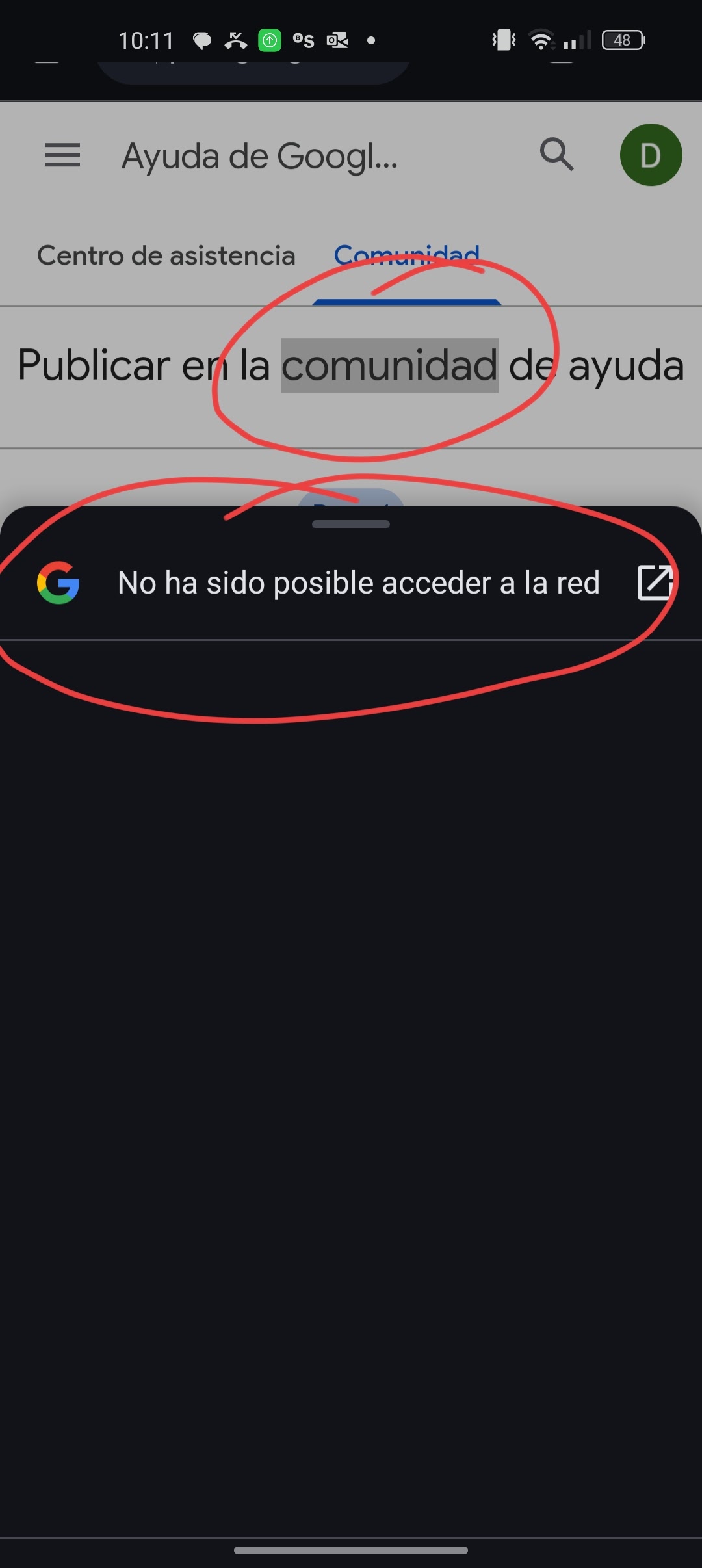 "No ha sido posible acceder a la red, toca para ver los resultados de ...