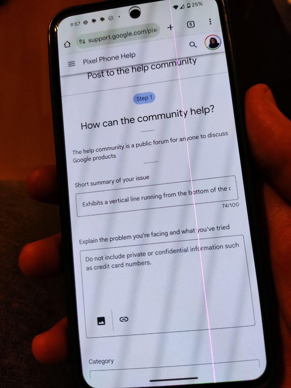 Pixel 8 Exhibits a vertical line running from the bottom of the display ...