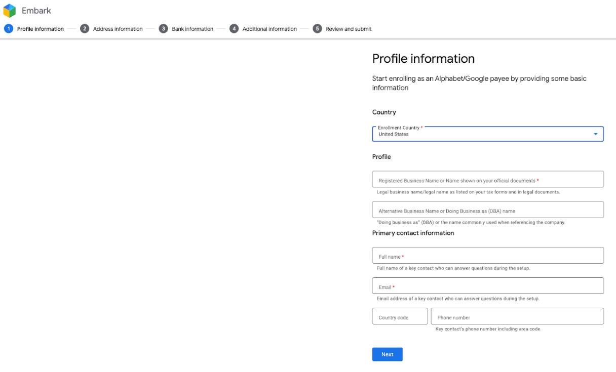 Enrolling with Embark - Alphabet/Google Suppliers Help