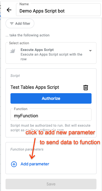 Bot action: Execute Apps Script function - Tables Help Center