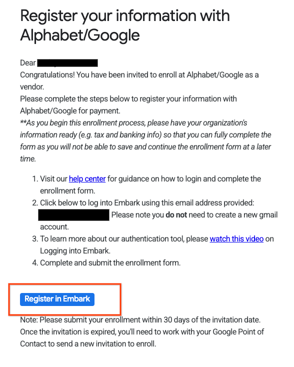 Enrolling with Embark - Alphabet/Google Suppliers Help