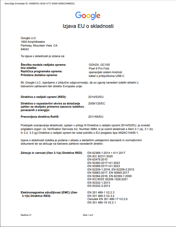 Vodnik z informacijami o varnosti in skladnosti s predpisi za Pixel 9 Pro Fold - Pomoč za ...