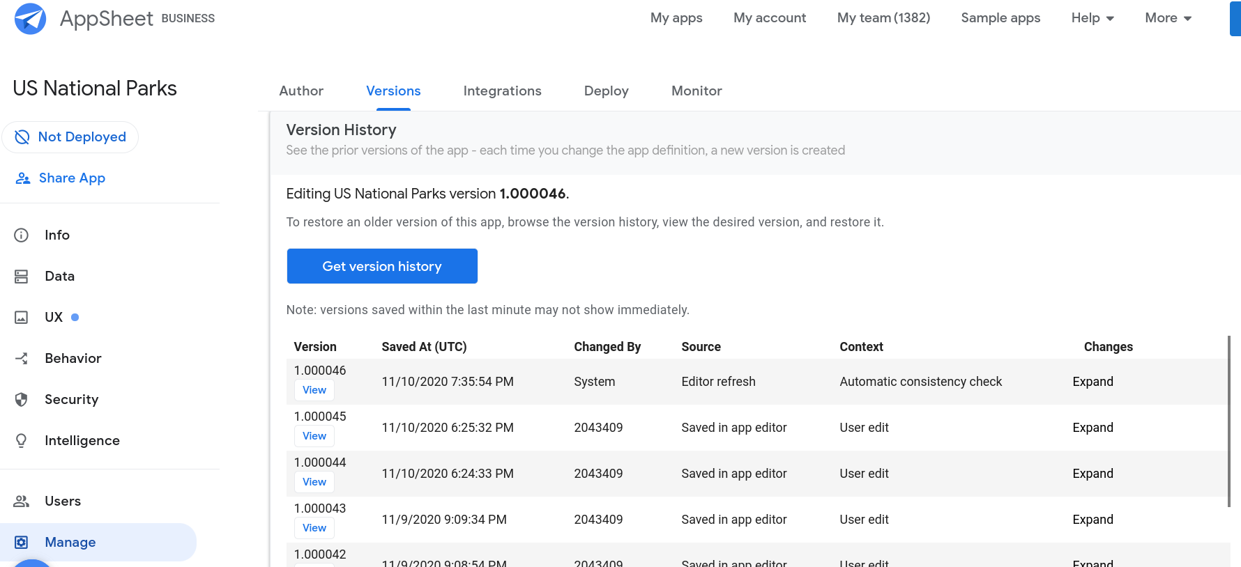 View or restore a version of your app - AppSheet Help