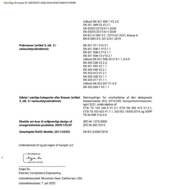 Brugervejledning om sikkerhed og lovgivning for Pixel 7 og Pixel 7 Pro ...