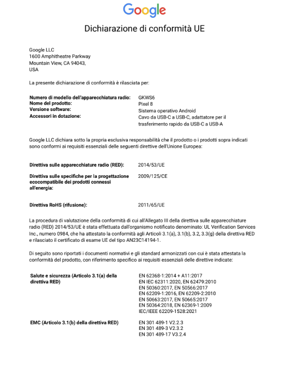 Guida relativa a sicurezza e normative di Pixel 8 e Pixel 8 Pro - Guida di