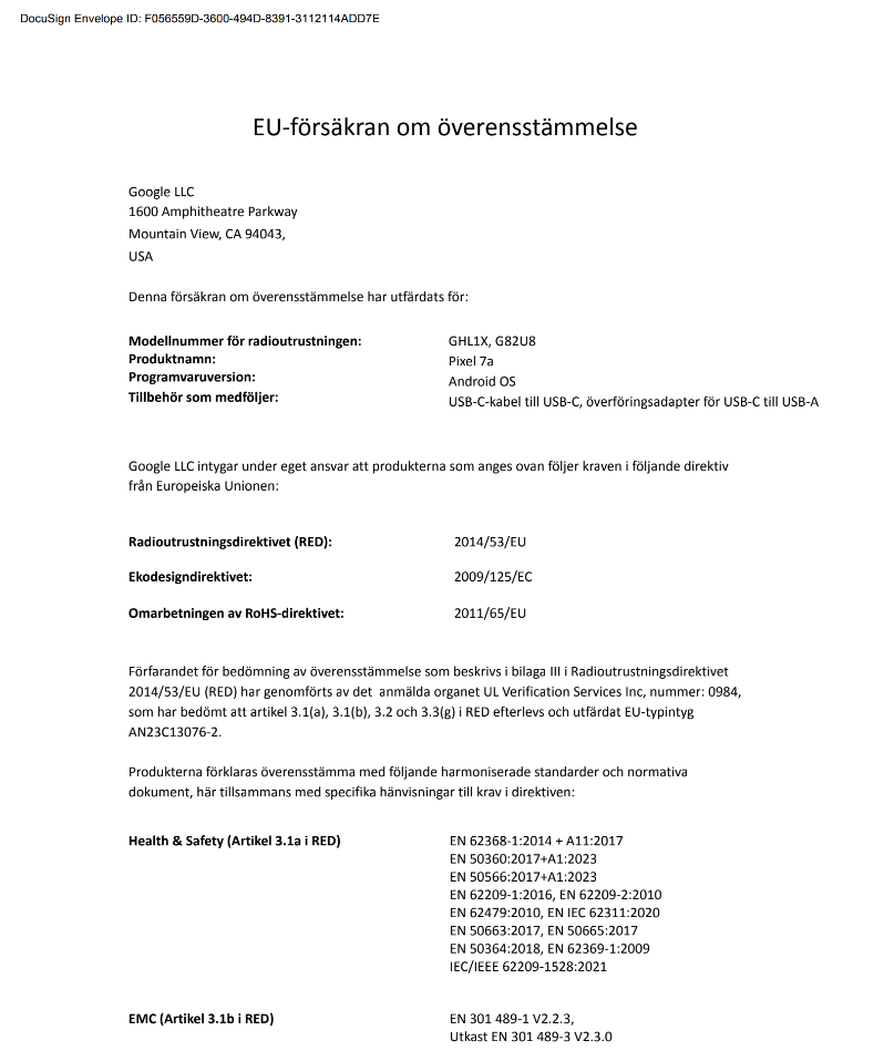 Säkerhet och föreskrifter för Pixel 7a - Hjälp