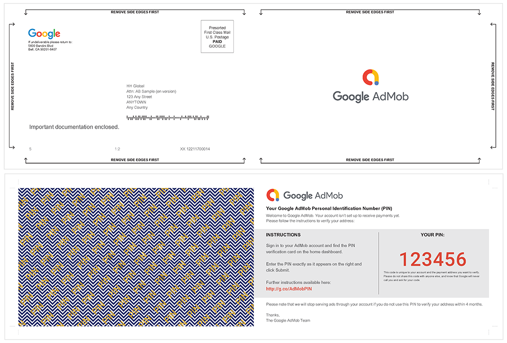 Пример коверте са PIN-ом - Google AdMob Помоћ