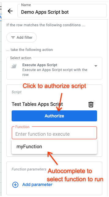 Bot action: Execute Apps Script function - Tables Help Center