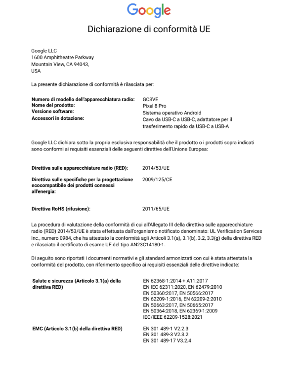 Guida relativa a sicurezza e normative di Pixel 8 e Pixel 8 Pro - Guida di