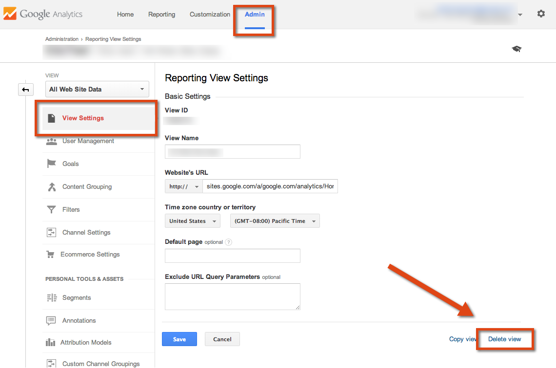 From the View Settings in the Admin section, click "Delete view."