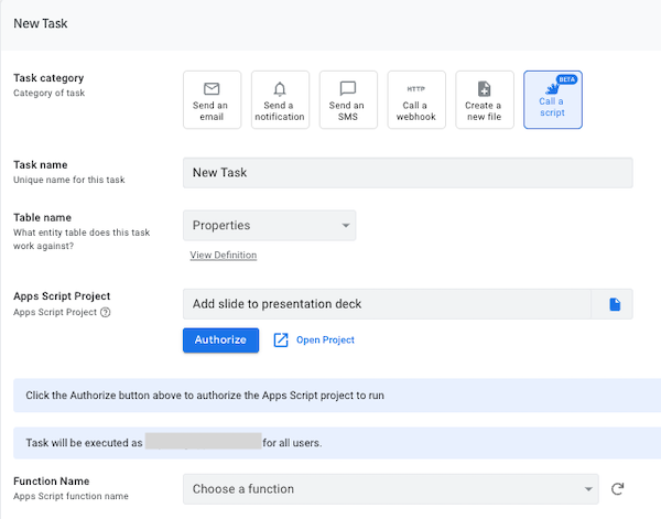 Call Apps Script from an automation - AppSheet Help