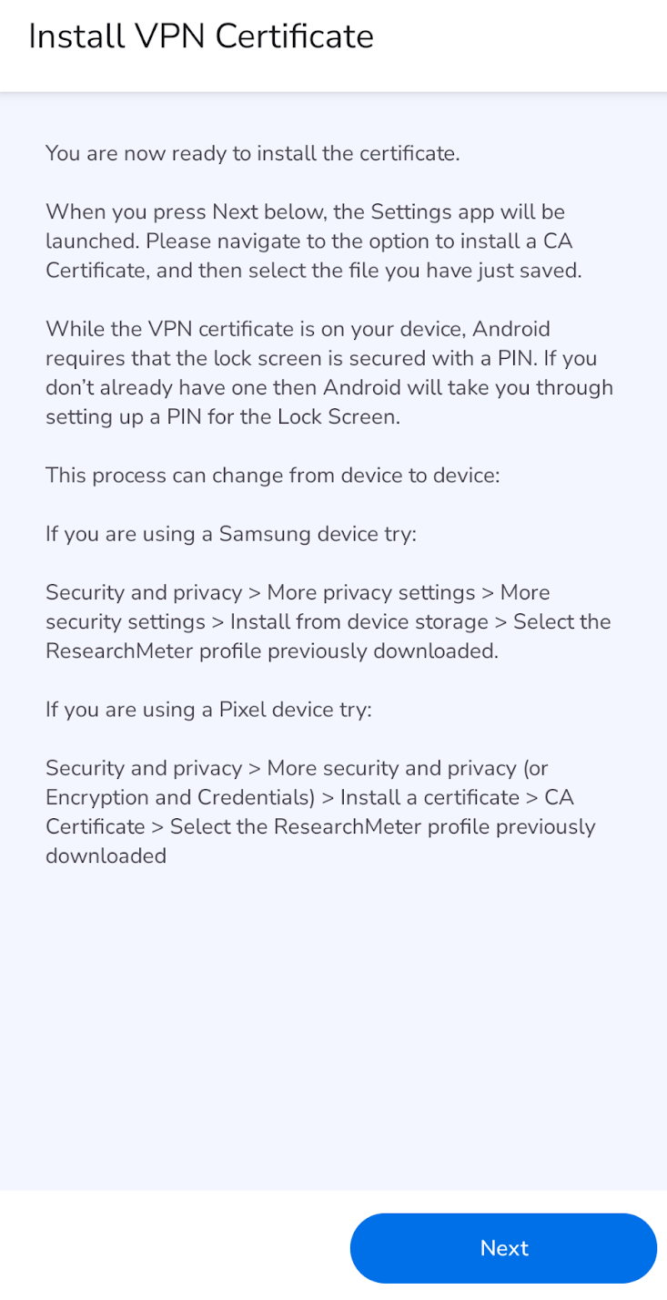 Install ResearchMeter VPN - Android - Device Usage Study Help