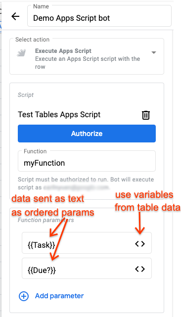 Bot action: Execute Apps Script function - Tables Help Center