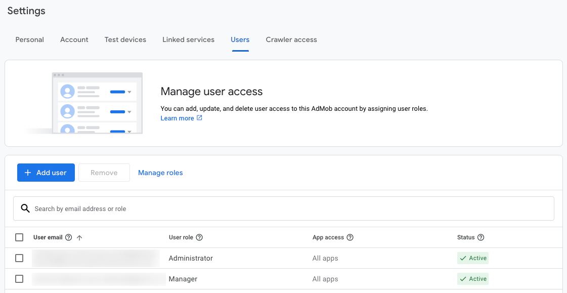 Manage user access to your account - Google AdMob Help