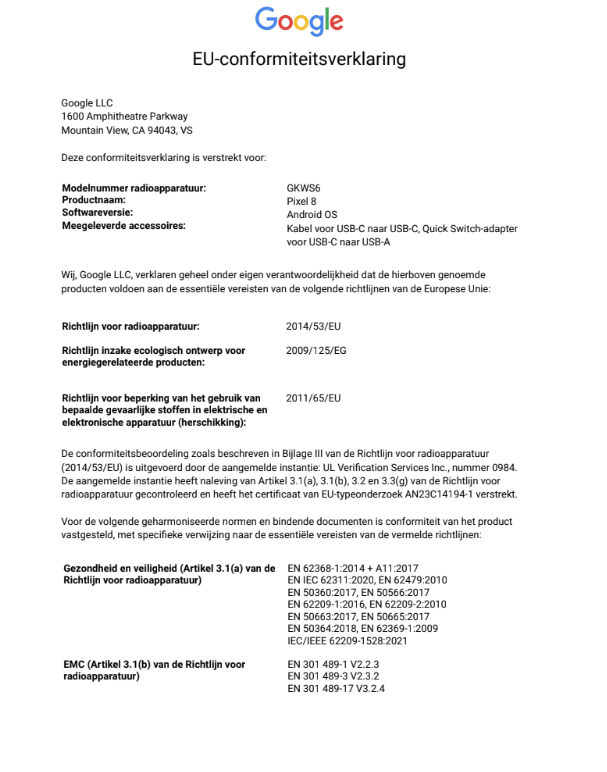 Handleiding voor veiligheid en regelgeving voor de Pixel 8 en Pixel 8 ...