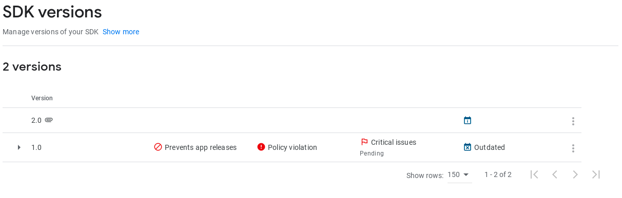 View SDK versions with potential policy issues or vulnerabilities - Play Console Help