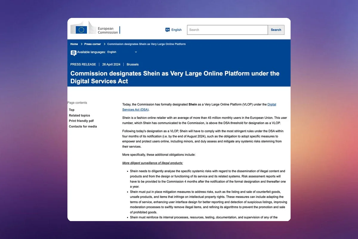 EU Commission Designates Shein as VLOP under Digital Services Act