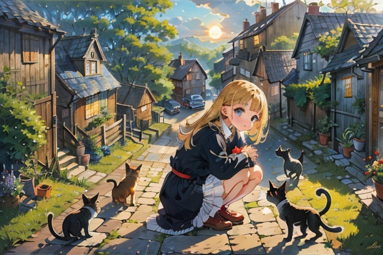 Girl and cats