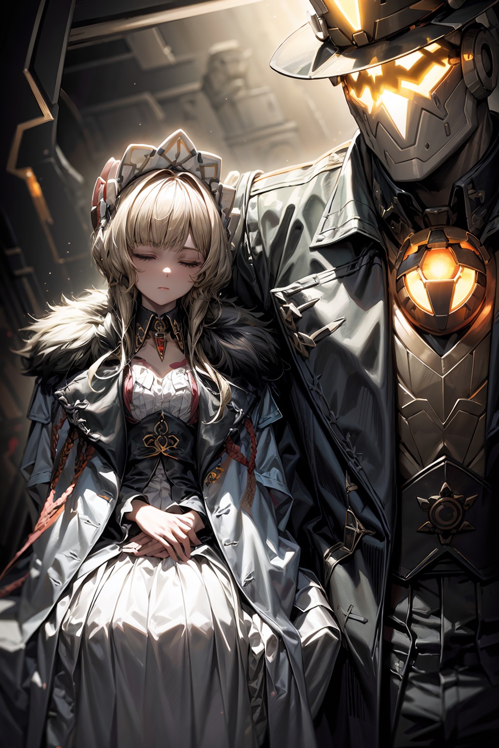 Sandrone sleeps on her robot's arm (Genshin Impact) — Yodayo