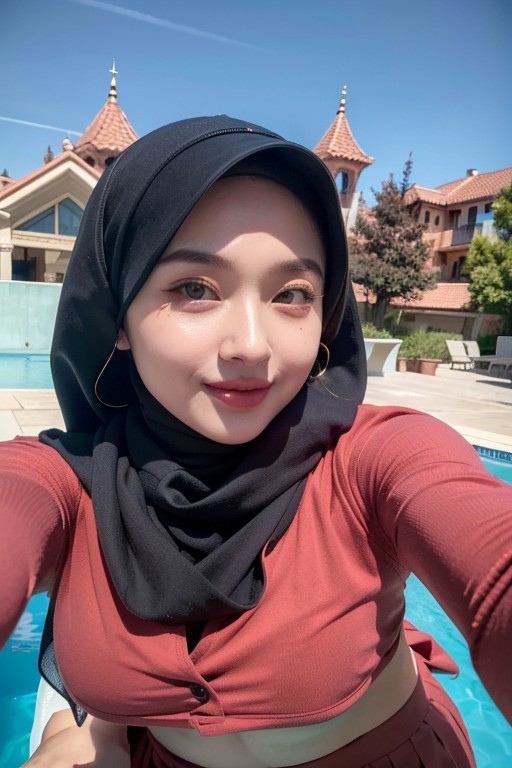 Red Shirt Hijab Pool — Yodayo