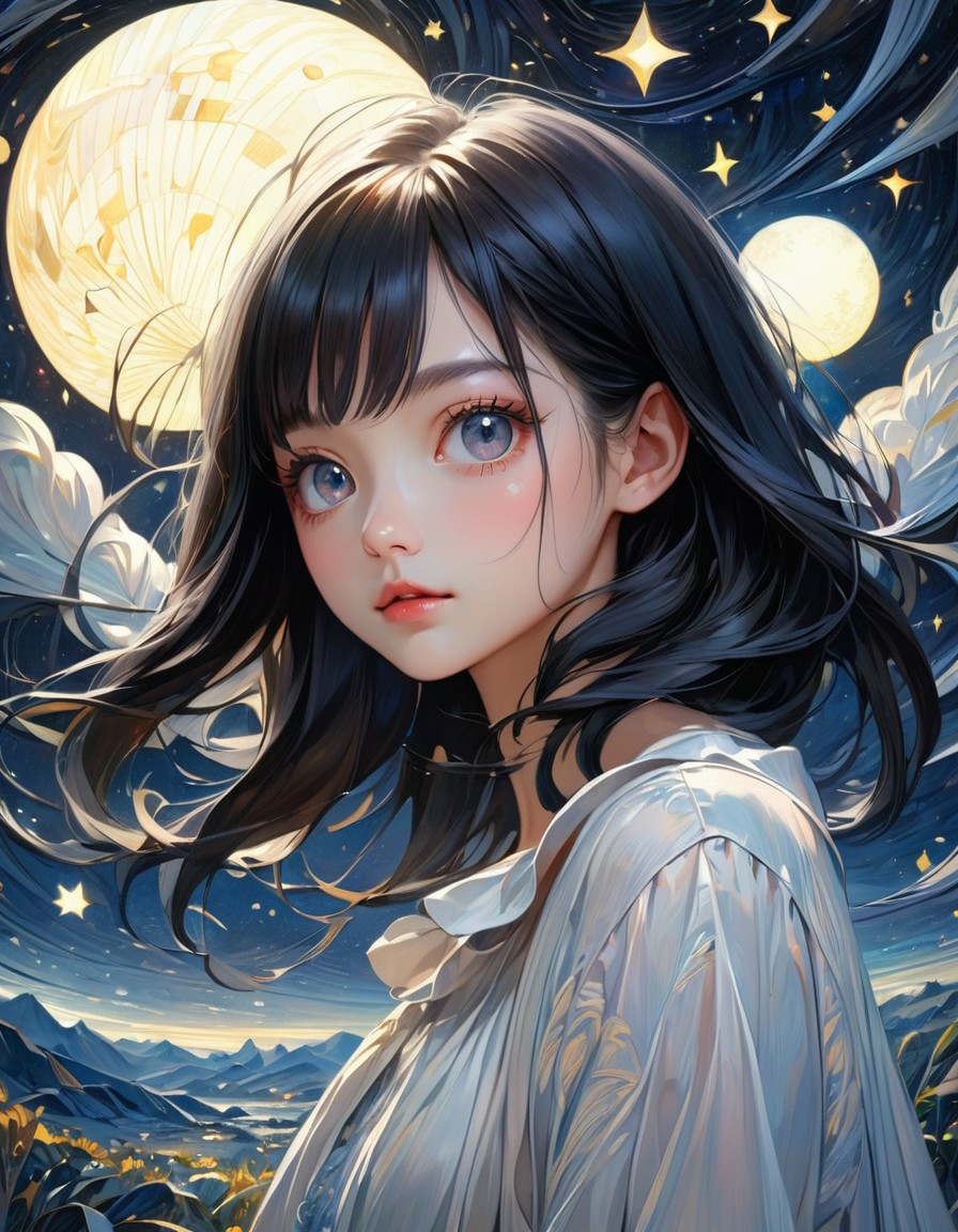 3 Pictures Girl And Starry Night Stars — Yodayo