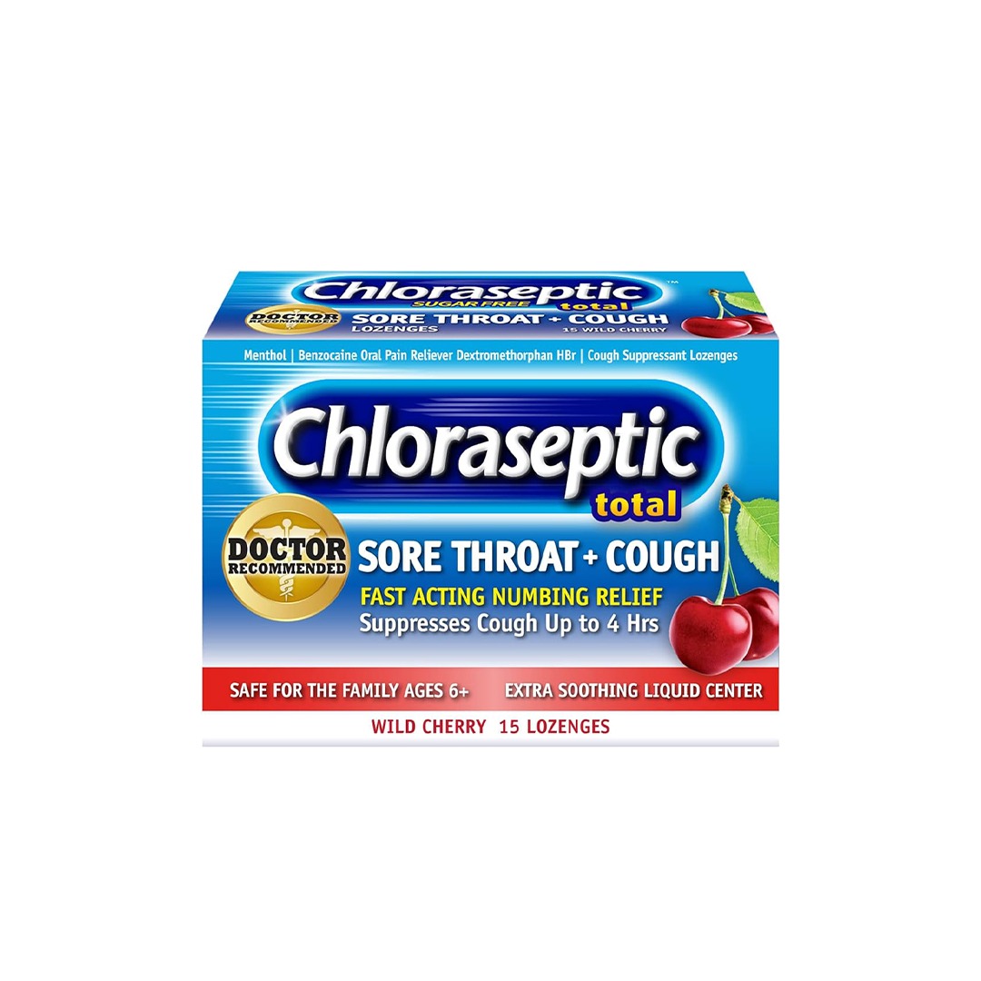 Chloraseptic Total Sore Throat + Cough Lozenges, Sugar-Free Wild Cherry ...