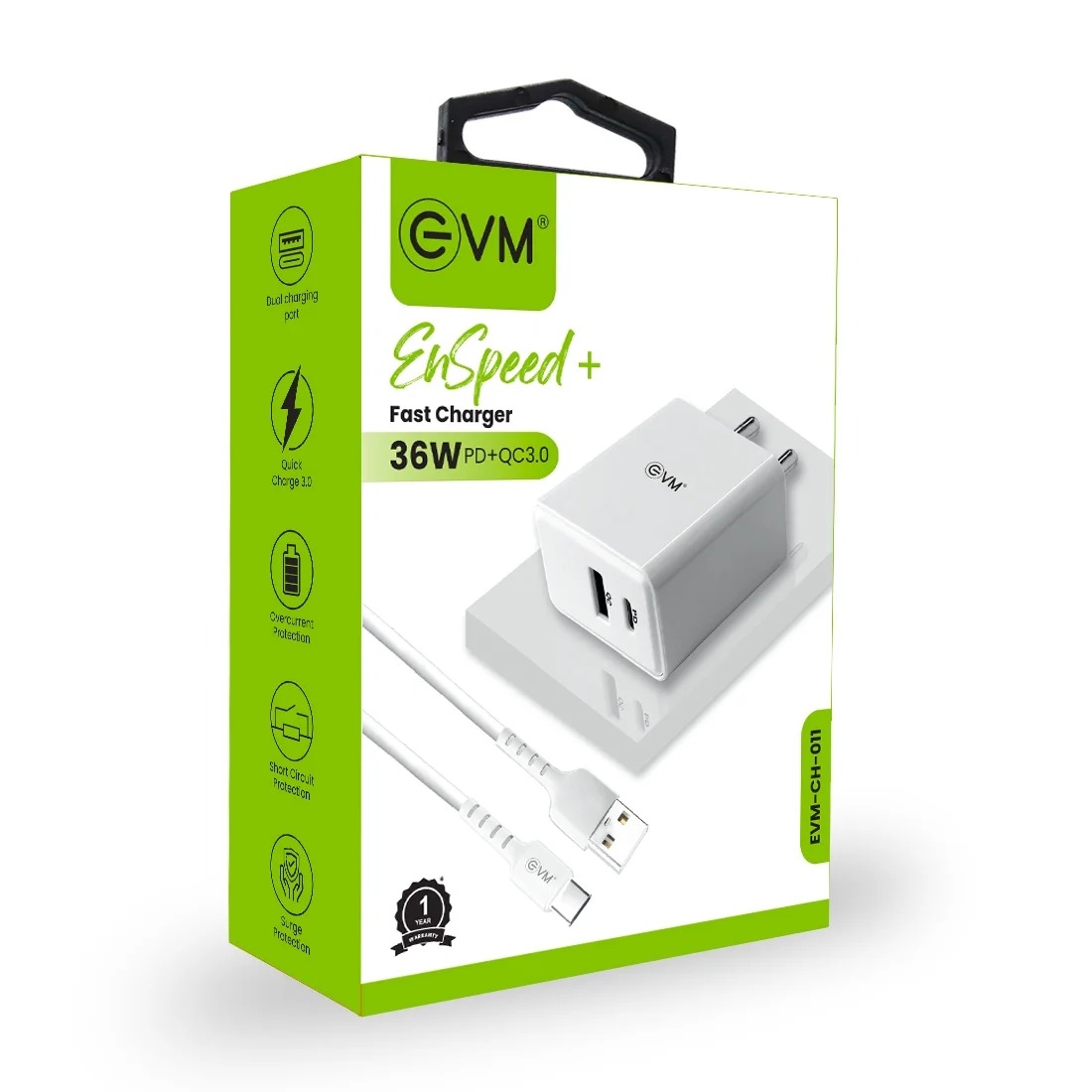 EVM EnSpeed+ 36W PD+QC 3.0 Fast Charging Travel Adapter with Type-C ...