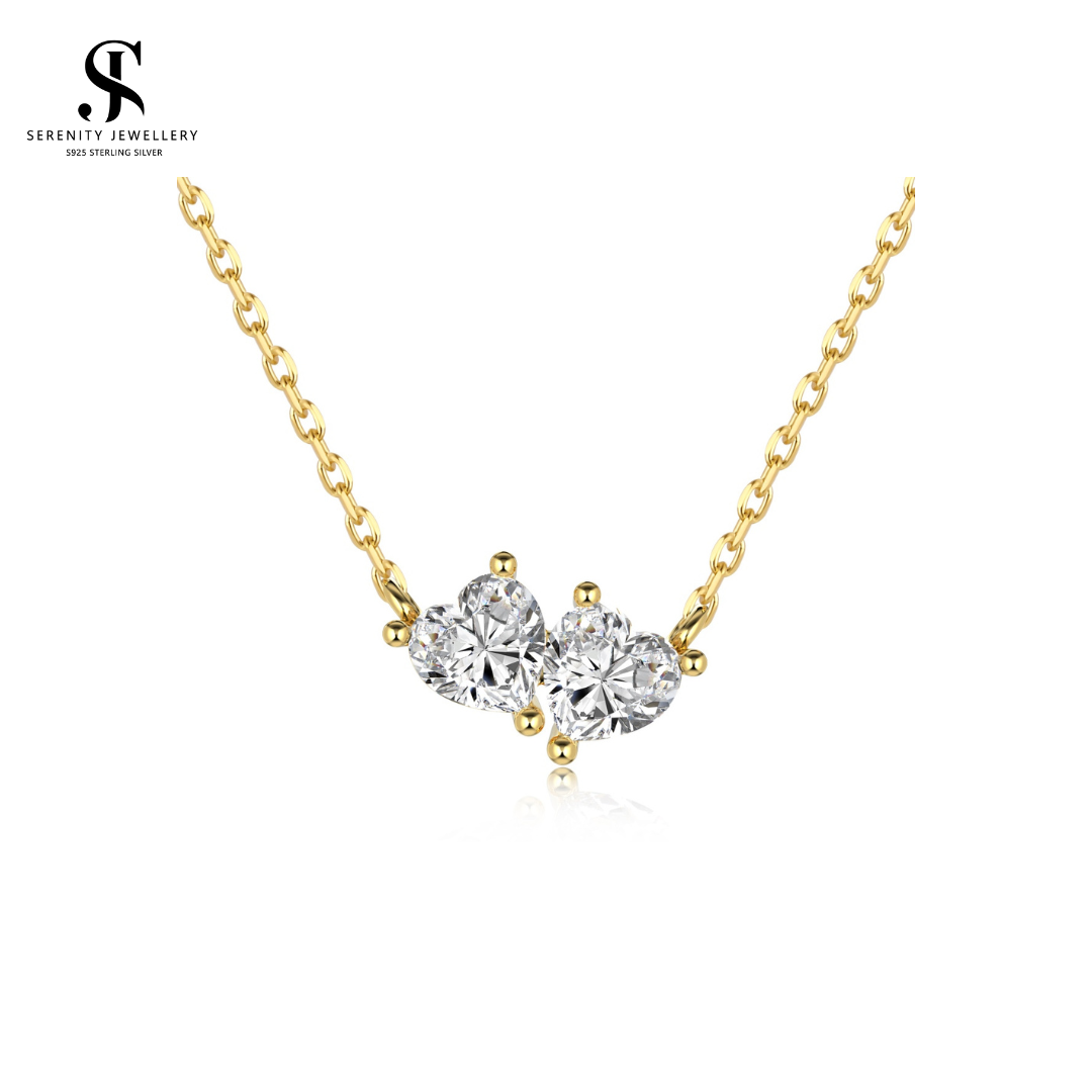 18k Gold Plated Double Heart Zirconia Necklace - Serenity Jewellery ...